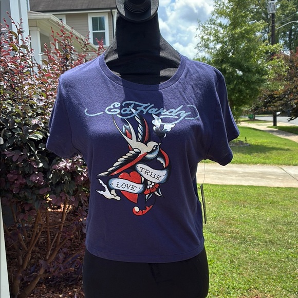 Ed Hardy | Tops | Ed Hardy Blue And Purple Graphic Crop Tshirt | Poshmark